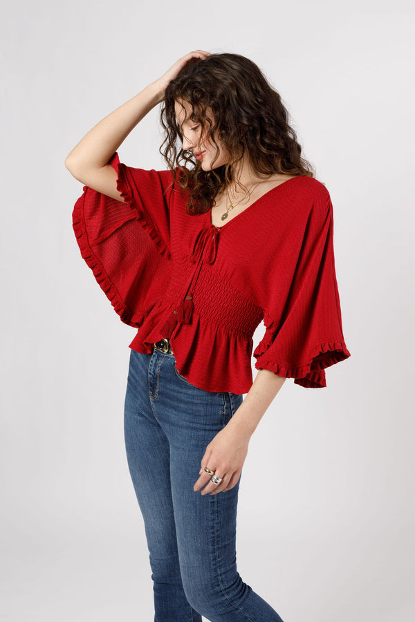 Kacey Red Smocked Waist Top - band of the free